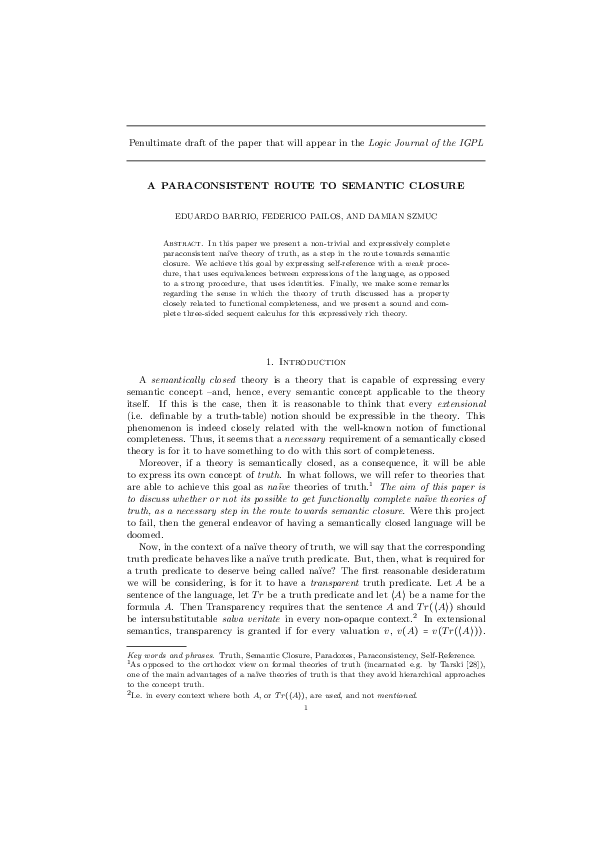 (PDF) A Paraconsistent Route to Semantic Closure