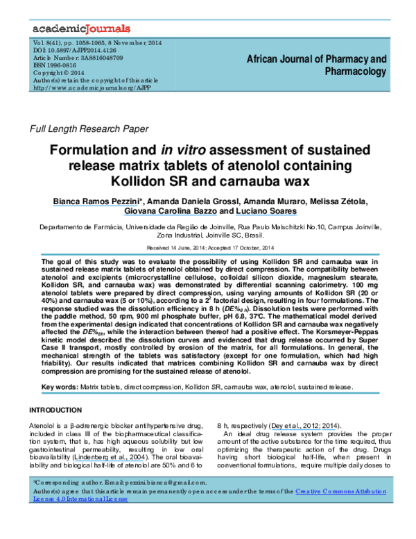 (PDF) Formulation and in vitro assessment of sustained release matrix ...