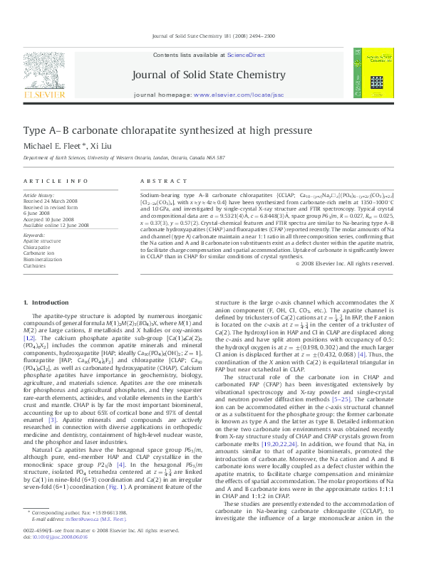 (PDF) Type A–B carbonate chlorapatite synthesized at high pressure