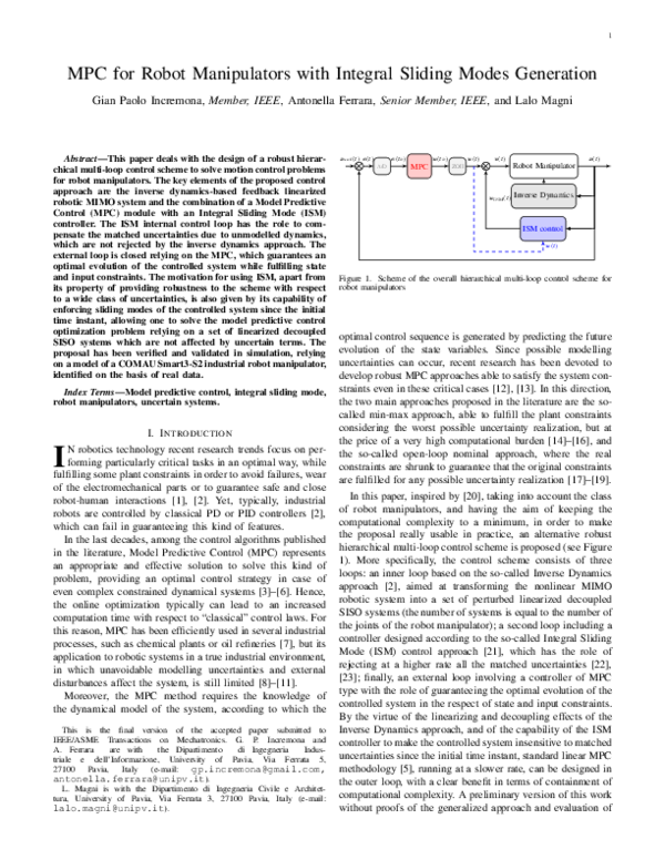 Pdf Mpc For Robot Manipulators With Integral Sliding Modes Generation