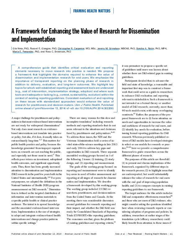 Pdf A Framework For Enhancing The Value Of Research For Dissemination And Implementation