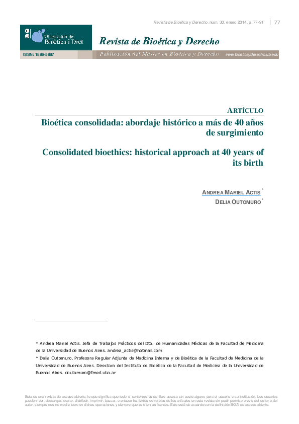 (PDF) Bioética consolidada: abordaje histórico a más de 40 años de ...