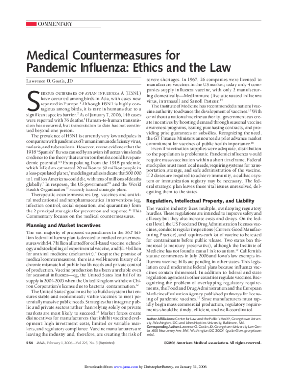 (PDF) Medical Countermeasures for Pandemic Influenza: Ethics and the Law