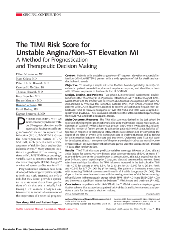(PDF) The TIMI Risk Score for Unstable Angina/Non–ST Elevation MI