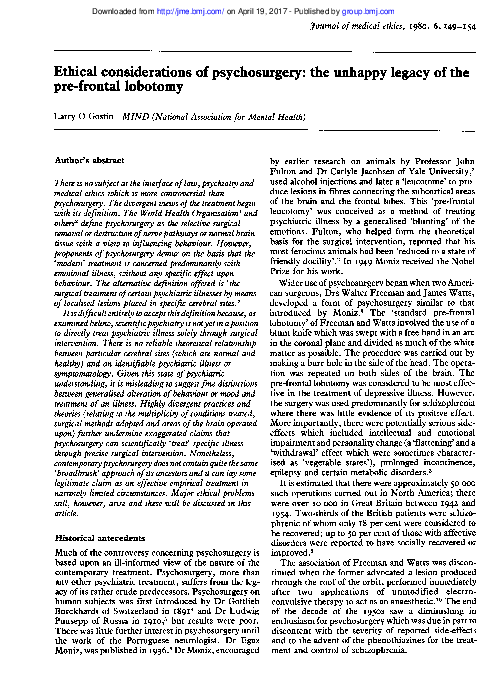 (PDF) Ethical considerations of psychosurgery: the unhappy legacy of ...