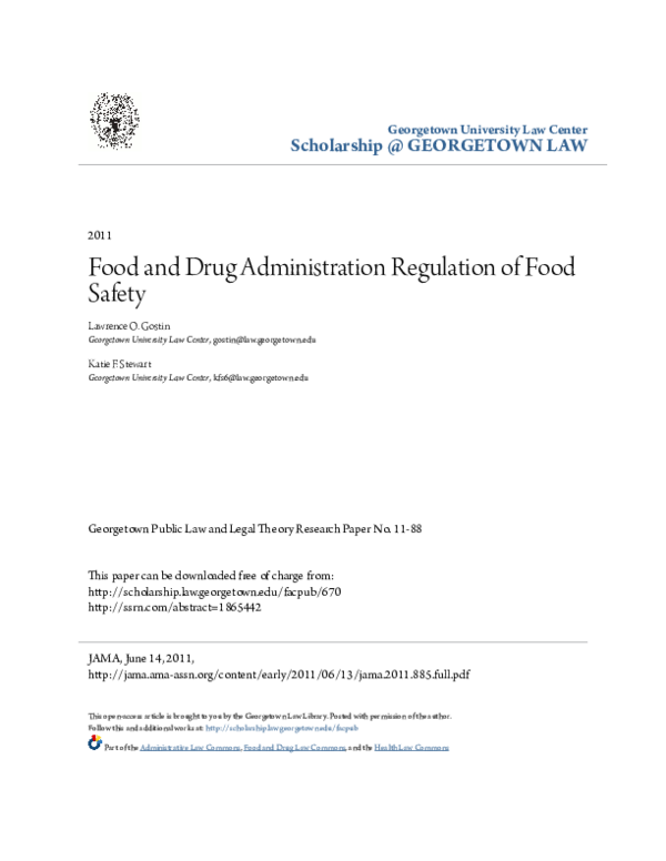 (PDF) Food and Drug Administration Regulation of Food Safety