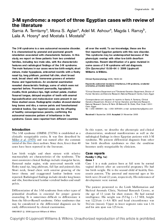(PDF) 3-M syndrome: a report of three Egyptian cases with review of the ...