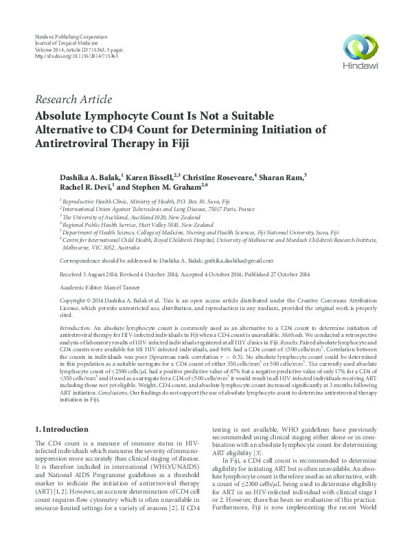 (PDF) Absolute Lymphocyte Count Is Not a Suitable Alternative to CD4 Count for Determining ...
