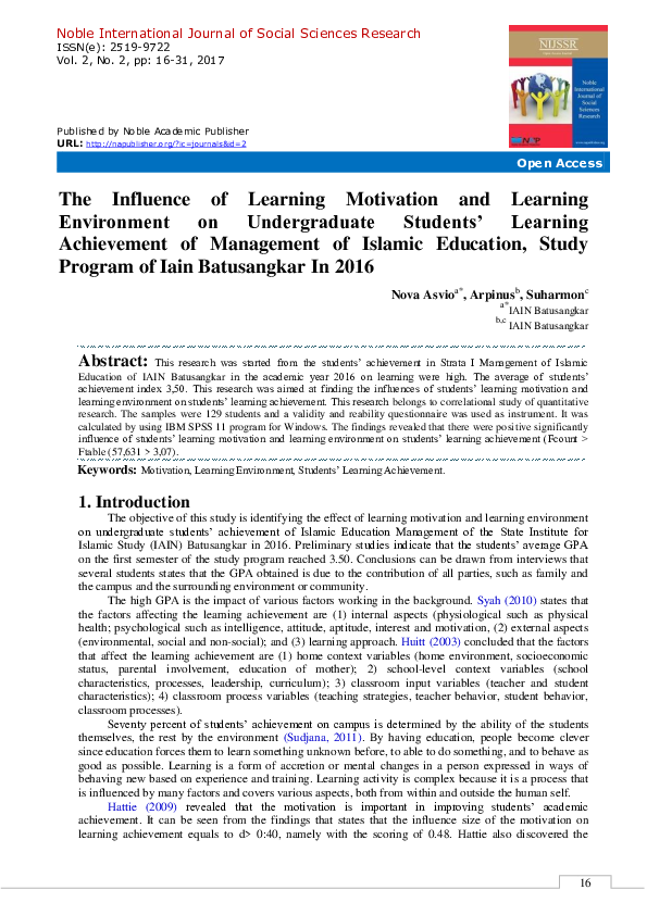 (PDF) The Influence of Learning Motivation and Learning Environment on Undergraduate Students ...