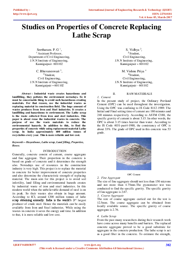 (PDF) Studies on Properties of Concrete Replacing Lathe Scrap