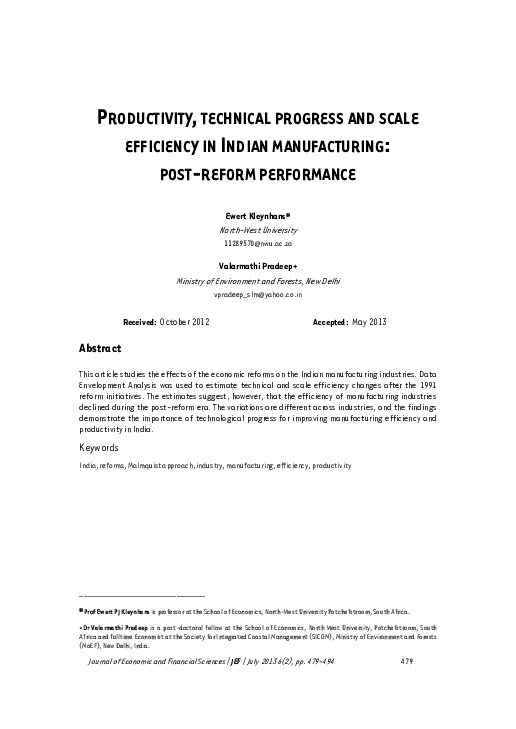 (PDF) Total Factor Productivity and Technical Efficiency of Indian Manufacturing: The Role of ...