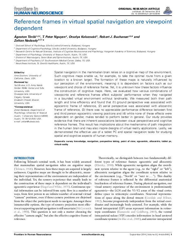 (PDF) Reference frames in virtual spatial navigation are viewpoint dependent