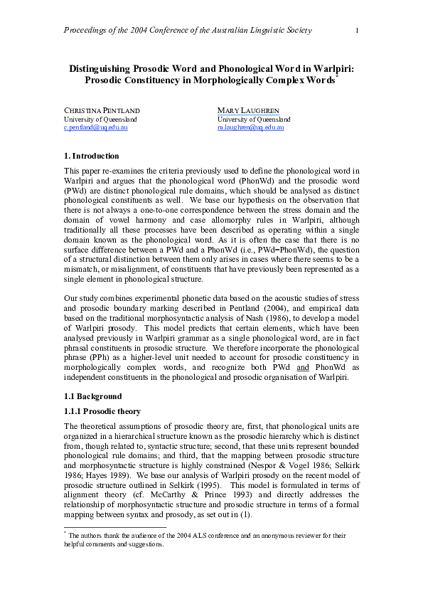 (PDF) Distinguishing prosodic word and phonological word in Walpiri ...