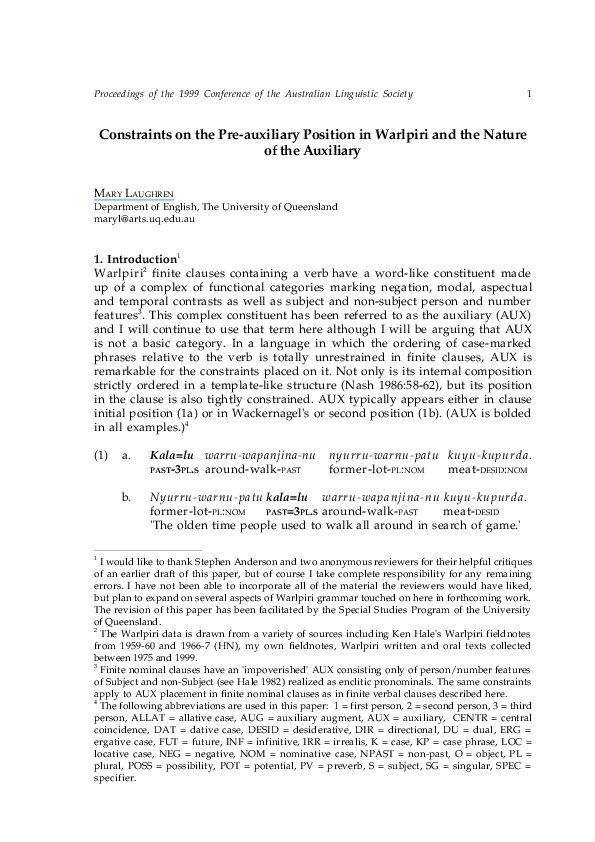(PDF) Constraints on the Pre-auxiliary Position in Warlpiri and the ...