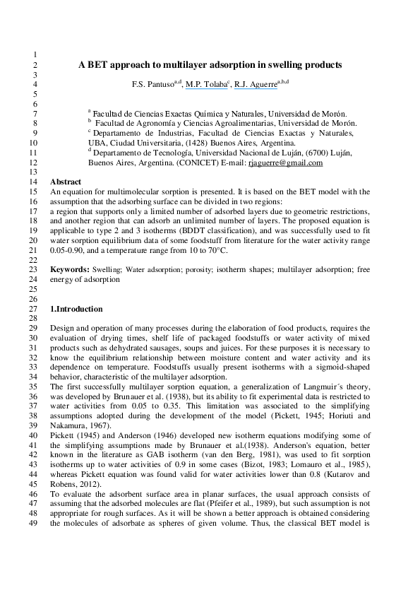(PDF) A BET approach to multilayer adsorption in swelling products ...