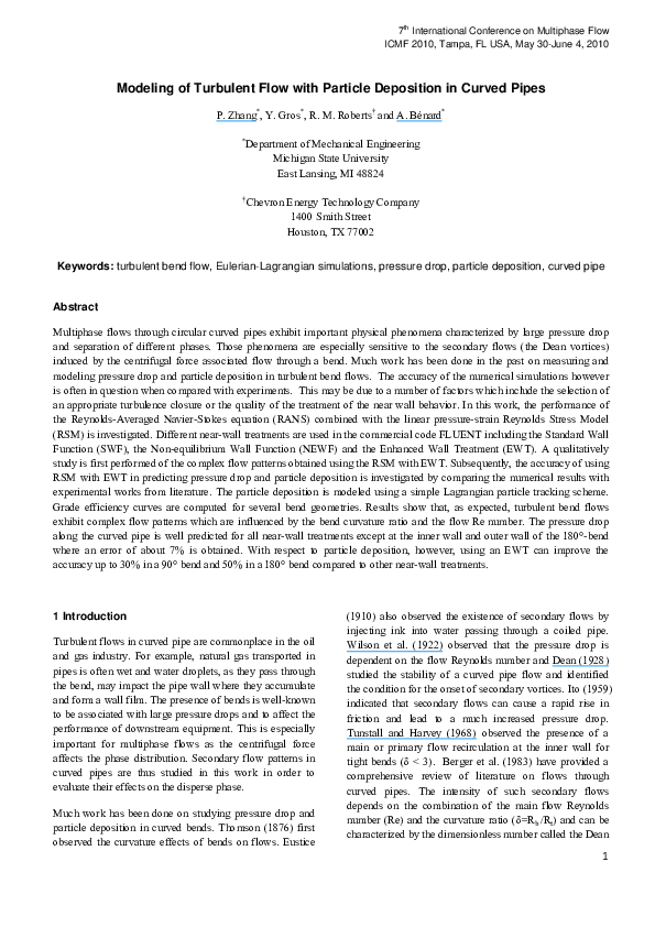 (PDF) Modeling of Turbulent Flow with Particle Deposition in Curved Pipes