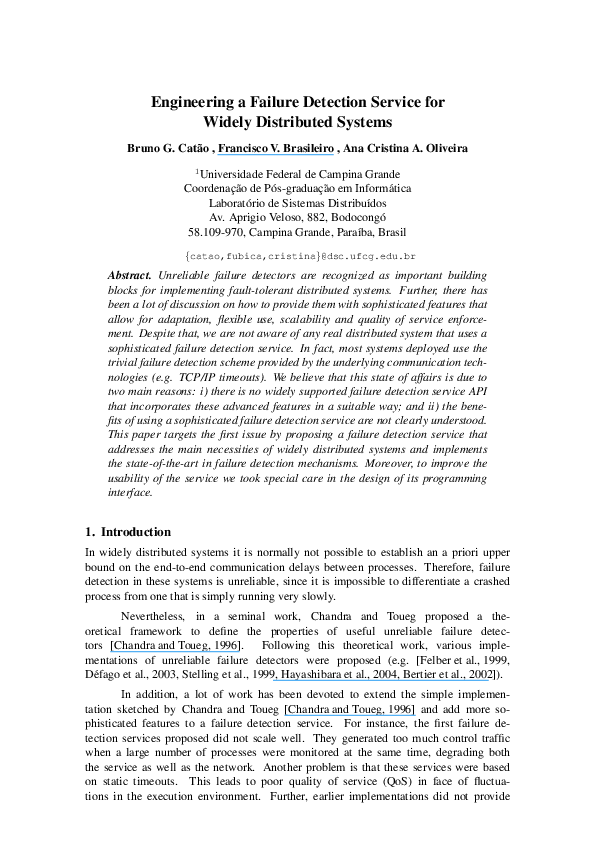 (PDF) Engineering a Failure Detection Service for Widely Distributed Systems