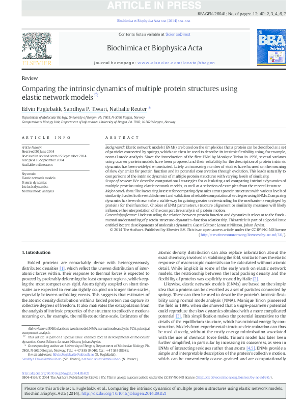 Pdf Comparing The Intrinsic Dynamics Of Multiple Protein Structures Using Elastic Network Models
