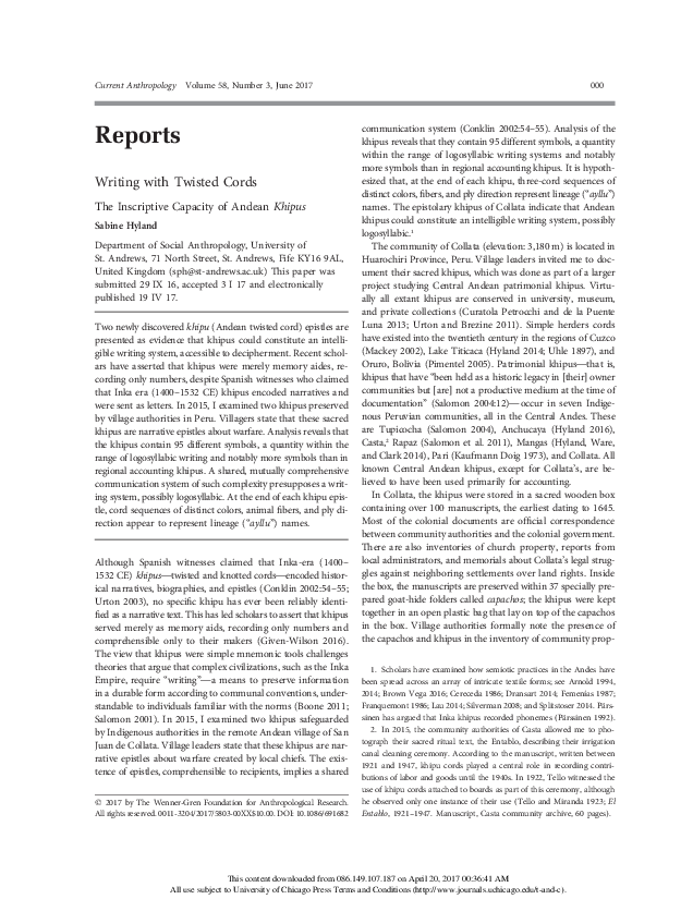 (PDF) Writing with Twisted Cords: The Inscriptive Capacity of Andean Khipus