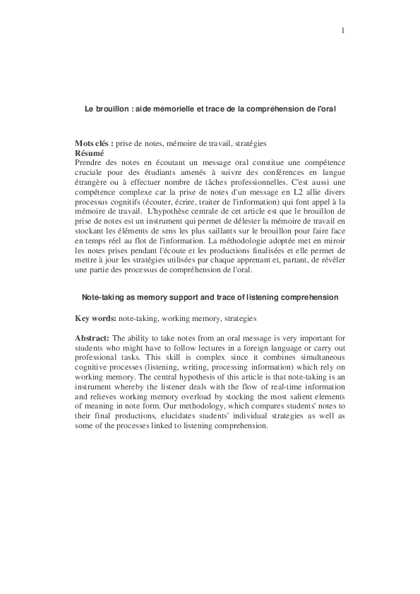(PDF) Le brouillon : aide mémorielle et trace de la compréhension de l ...