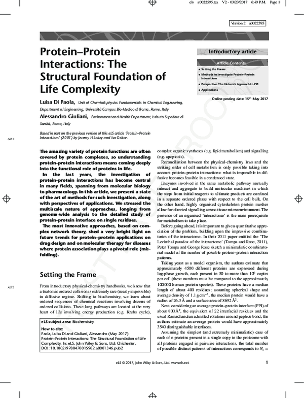 (PDF) Protein–Protein Interactions: The Structural Foundation of Life ...