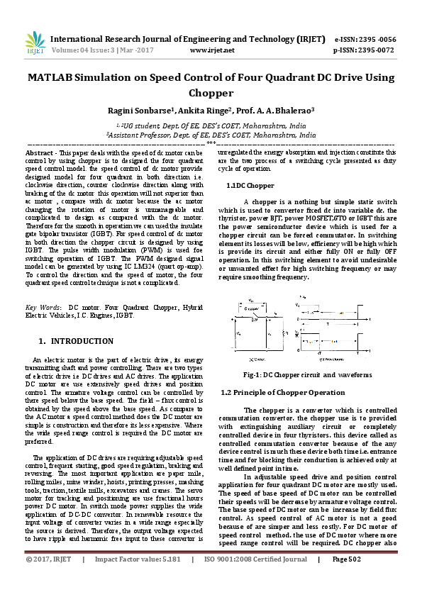 Pdf Matlab Simulation On Speed Control Of Four Quadrant Dc Drive
