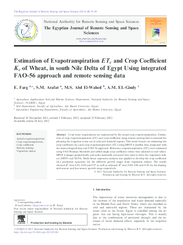 (PDF) Estimation of Evapotranspiration ET c and Crop Coefficient K c of ...