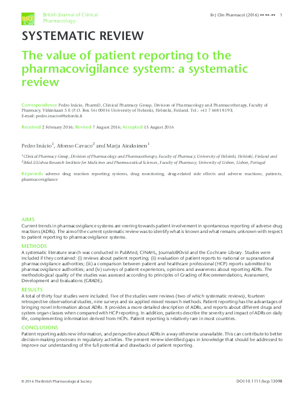 (PDF) SYSTEMATIC REVIEW The value of patient reporting to the ...