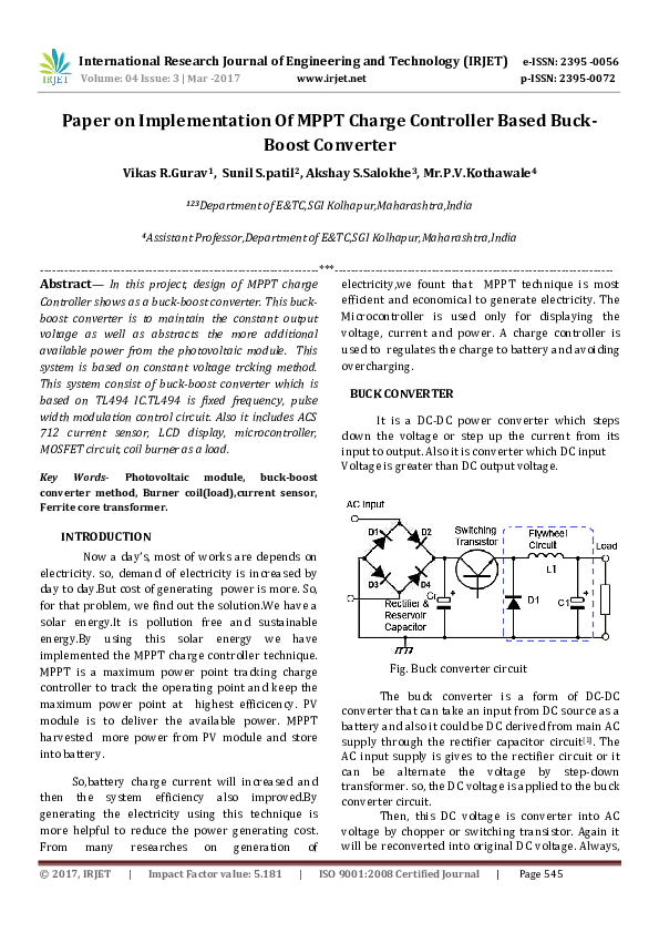 Pdf Paper On Implementation Of Mppt Charge Controller Based Buck