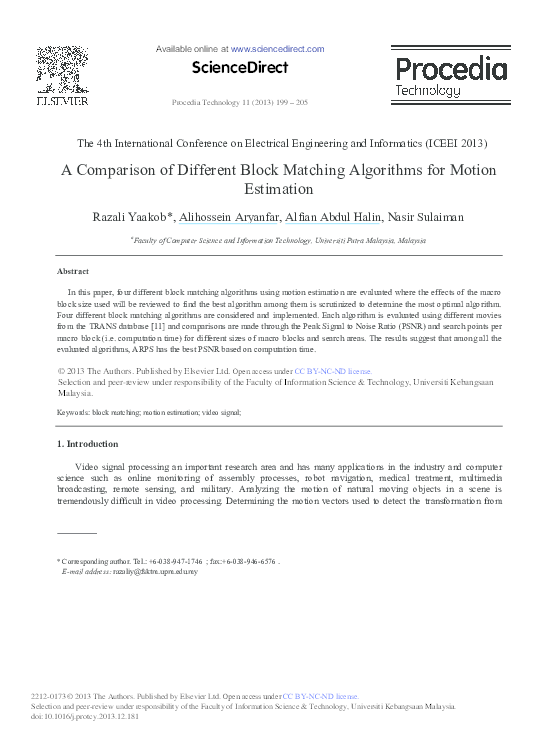 (PDF) A Comparison of Different Block Matching Algorithms for Motion Estimation | Alfian Abdul ...