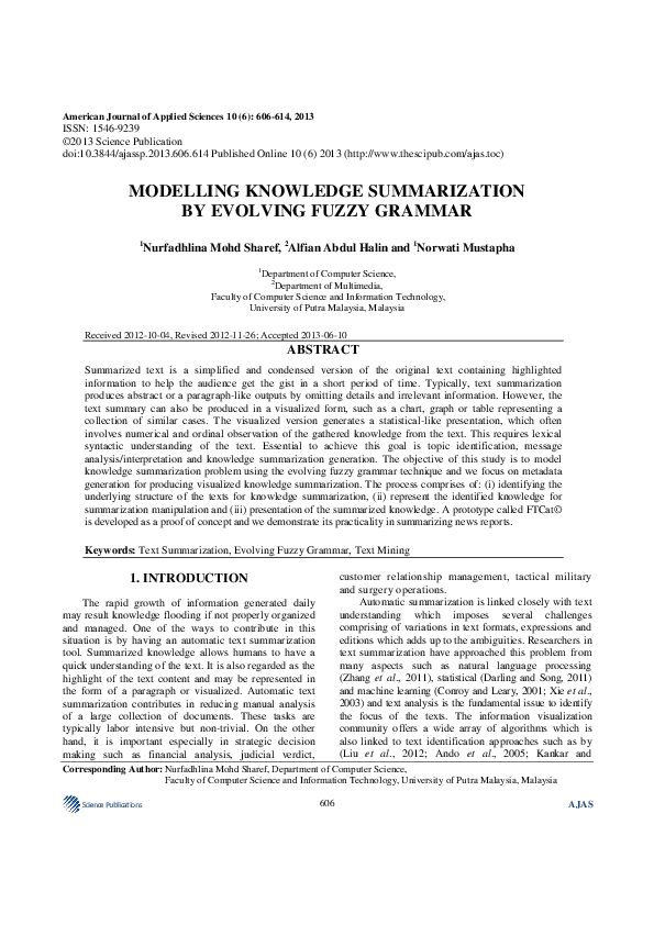 (PDF) Modelling Knowledge Summarization by Evolving Fuzzy Grammar
