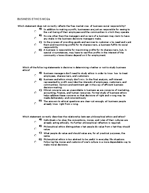 (DOC) MCQs on Business Ethics and Decision-Making (DOC) MCQs on Business Ethics and Decision-Making
