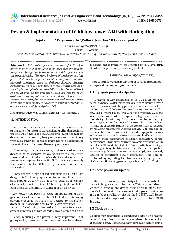 Pdf Design And Implementation Of 16 Bit Low Power Alu With Clock Gating