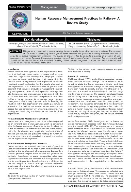 (PDF) Human Resource Management Practices In Railway-A Review Study