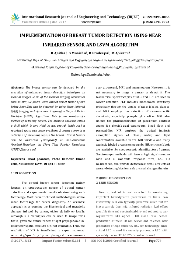 Pdf Implementation Of Breast Tumor Detection Using Near Infrared Sensor And Lsvm Algorithm