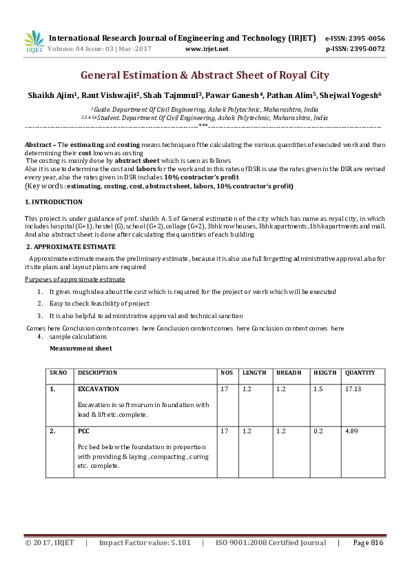 (PDF) General Estimation & Abstract Sheet of Royal City