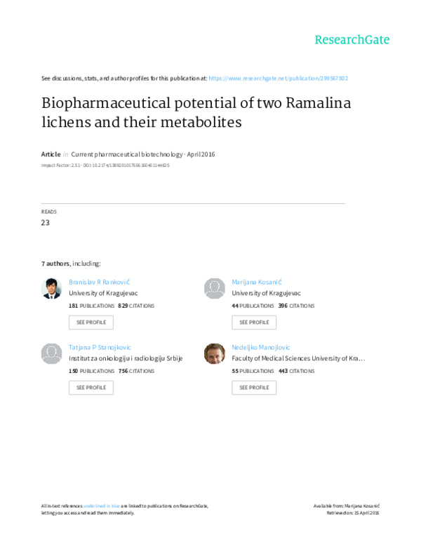 (PDF) Biopharmaceutical potential of two Ramalina lichens and their ...