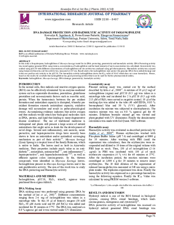 (PDF) Dna Damage Protection and Haemolytic Activity of Isolongifolene