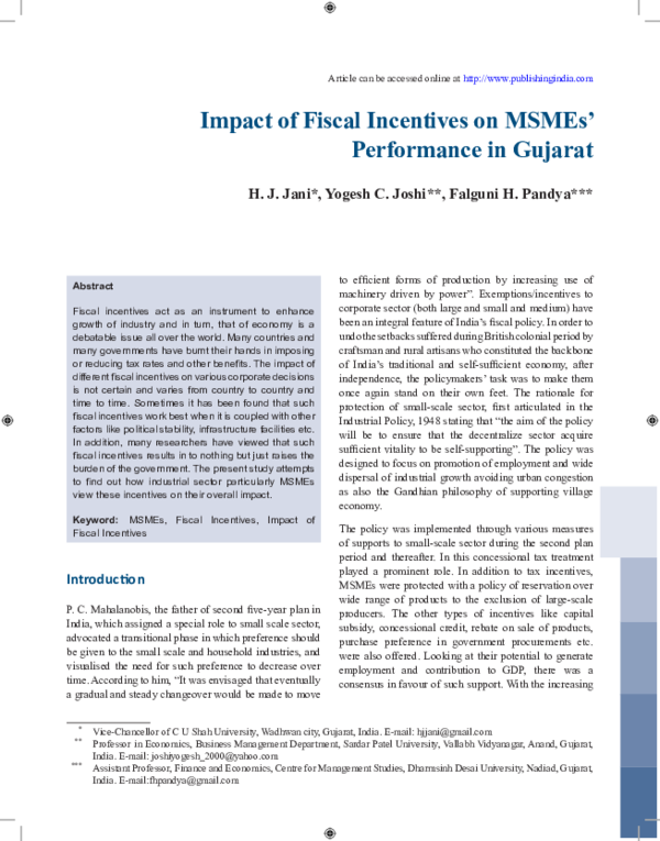 (PDF) Impact of Fiscal Incentives on MSME Performance in Gujarat.pdf