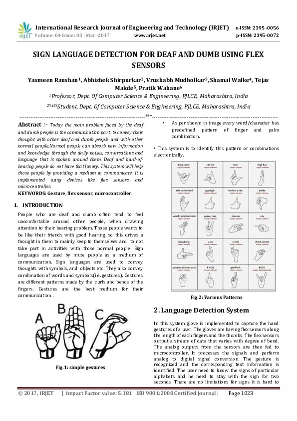 (PDF) SIGN LANGUAGE DETECTION FOR DEAF AND DUMB USING FLEX SENSORS