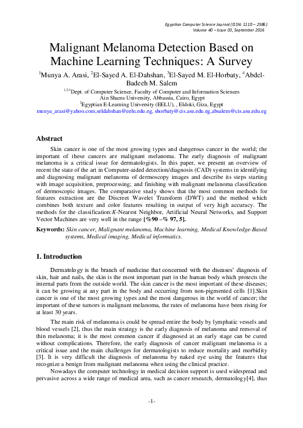 (PDF) Malignant Melanoma Detection Based on Machine Learning Techniques ...