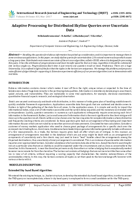 (PDF) Adaptive Processing for Distributed Skyline Queries over Uncertain Data | IRJET Journal ...