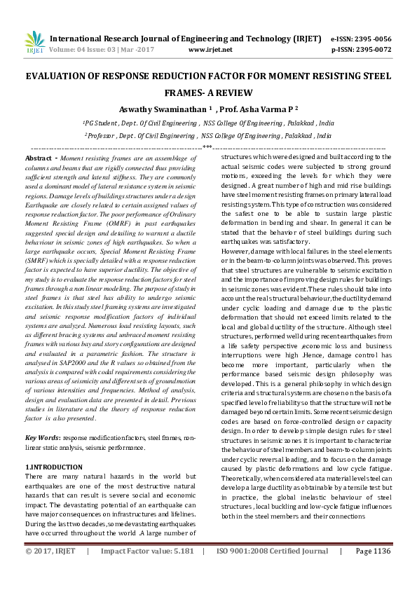 Pdf Evaluation Of Response Reduction Factor For Moment Resisting Steel Frames A Review