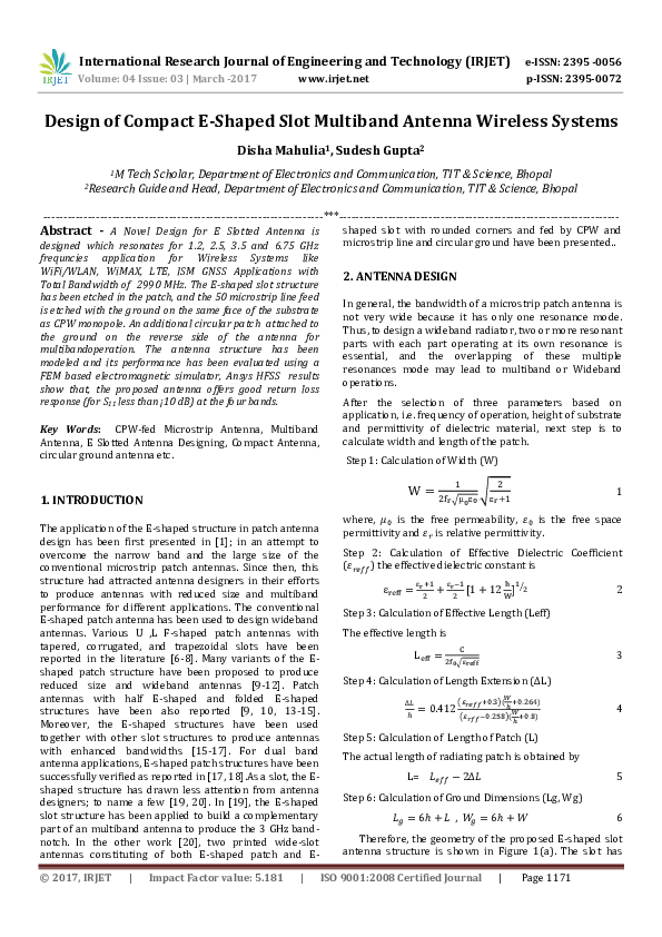 (PDF) Design of Compact E-Shaped Slot Multiband Antenna Wireless Systems