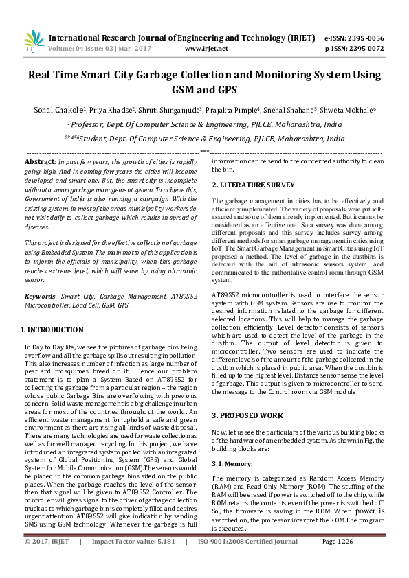 (PDF) Real Time Smart City Garbage Collection and Monitoring System ...