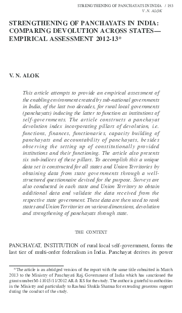 (PDF) STRENGTHENING OF PANCHAYATS IN INDIA: COMPARING DEVOLUTION ACROSS ...