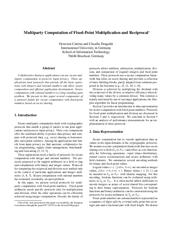 (PDF) Multiparty Computation of Fixed-Point Multiplication and Reciprocal