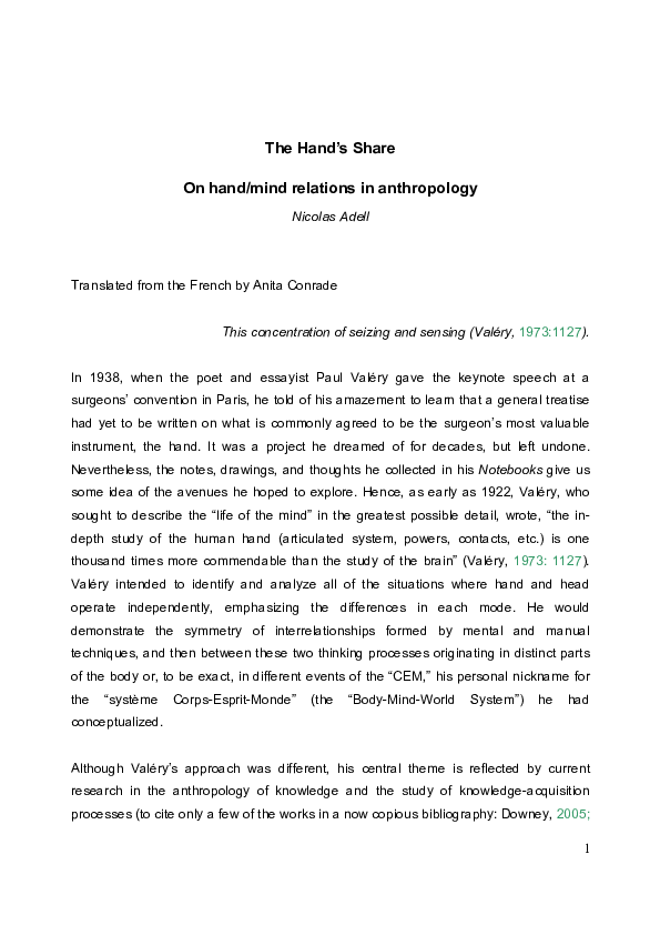 (PDF) The Hand's Share. On hand/mind relations in anthropology