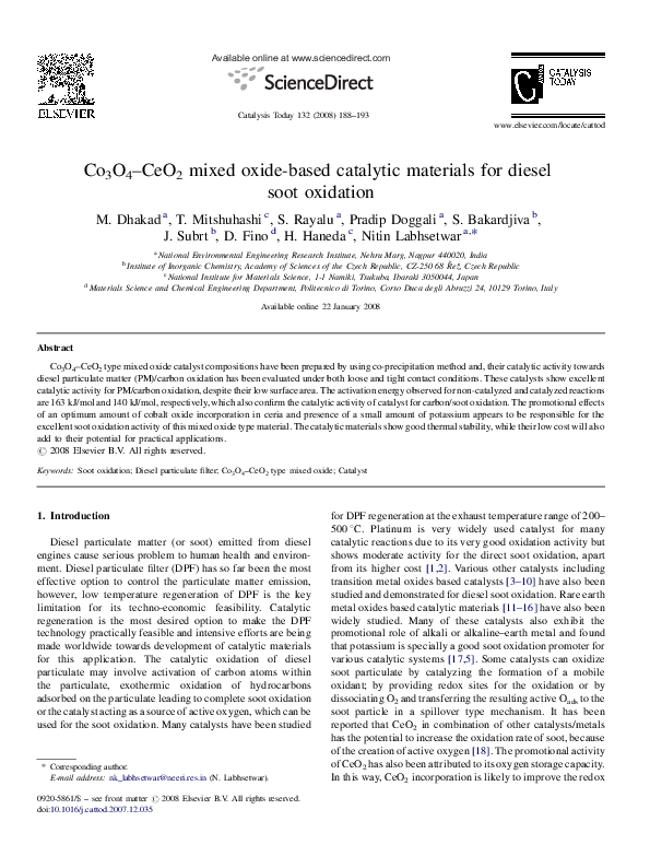 (PDF) Co3O4–CeO2 mixed oxide-based catalytic materials for diesel soot ...