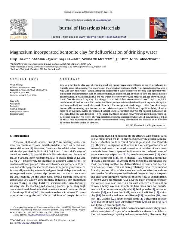 (PDF) Magnesium incorporated bentonite clay for defluoridation of ...